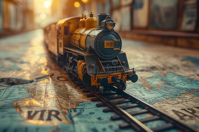 Close Up of Retro Toy Train Running on Railway on Map. Stock ...