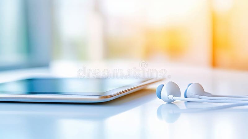 Close Up of an E Reader and Simple Earbuds on a Clean Surface Inviting ...