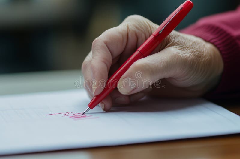 A Close-up Reveals a Teacher S Hand Using a Red Pen To Evaluate a ...