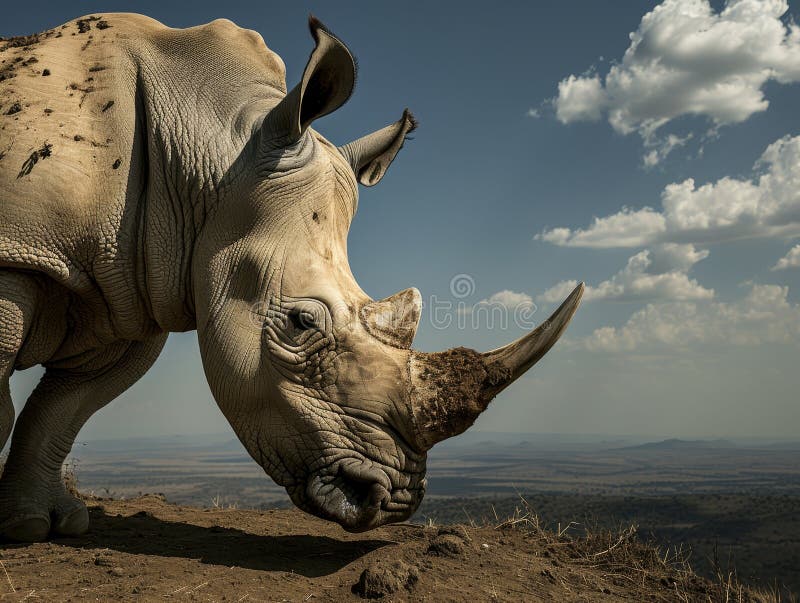 Close-up of a Rhinoceros in a Natural Habitat with a Scenic Backdrop ...