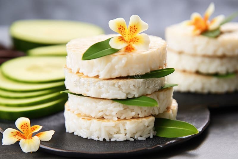 Close-up of Rice Cakes Stacked with Avocado Slices on Top Stock Image ...