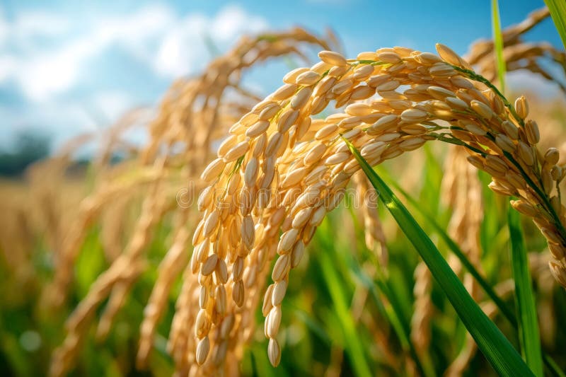 Close Up of Rice Growing in Paddy Field Under Blue Sky Stock ...