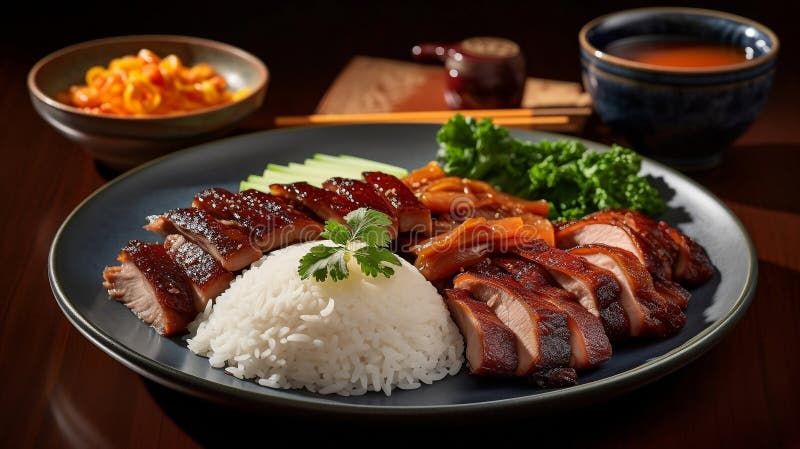 Close Up of Rice with Roast Duck. AI Generative Stock Illustration ...