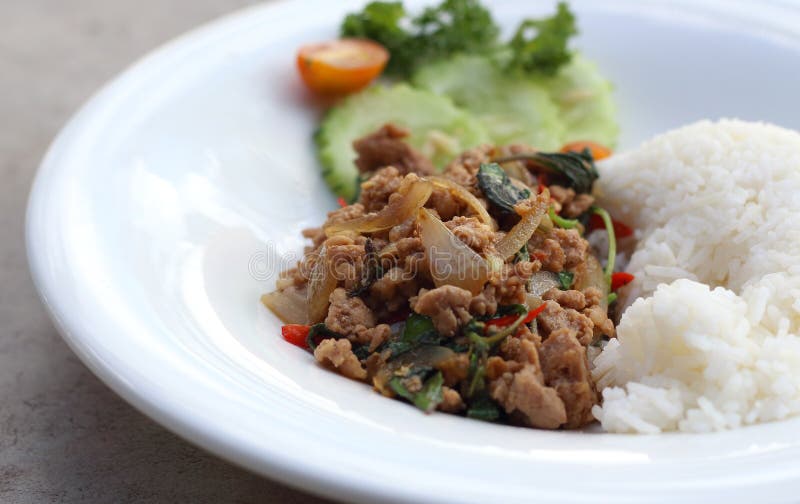 Close Up Rice Topped with Stir Fried Minced Pork and Basil Stock Image ...