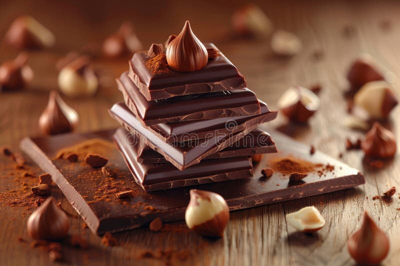 Close Up of Rich Hazelnut Chocolate Stack with Crumbs on Wooden Table ...