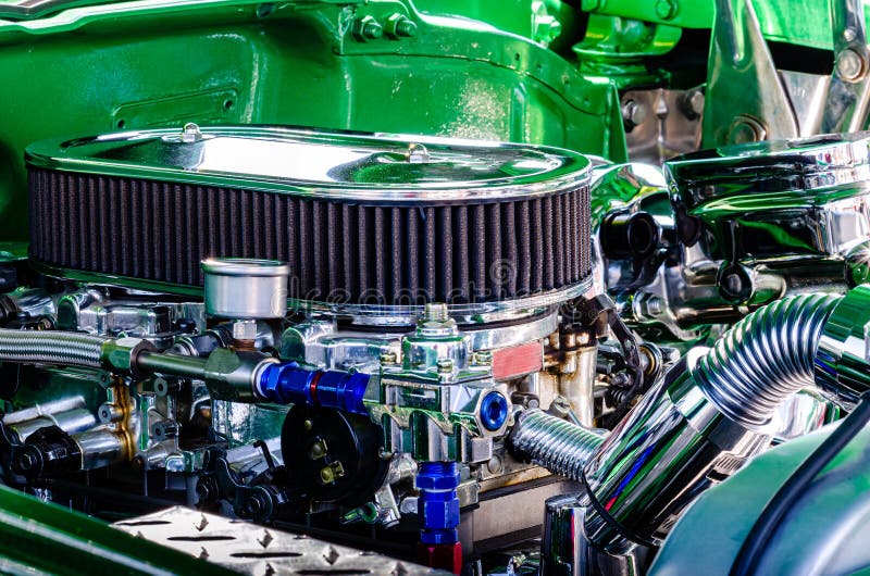 Close-up Right Side View of a Hot Rod Engine with Two Carburetors Stock ...