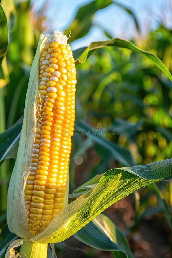 Close-up of a Ripe Corn Cob in a Cornfield. a Detailed View of Corn ...