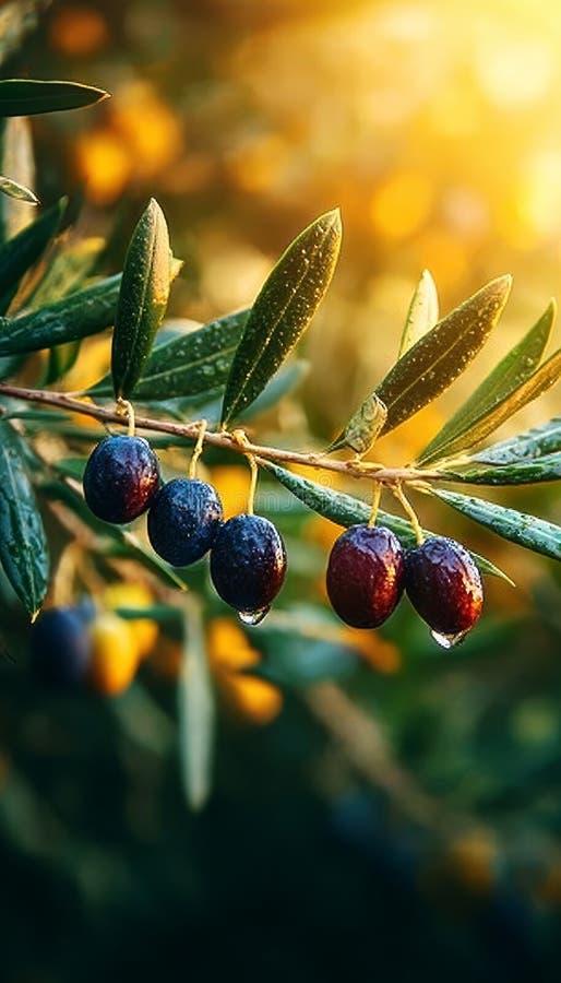 Close-up of Ripe Olives Hanging from a Sunlit Olive Tree Branch in a ...