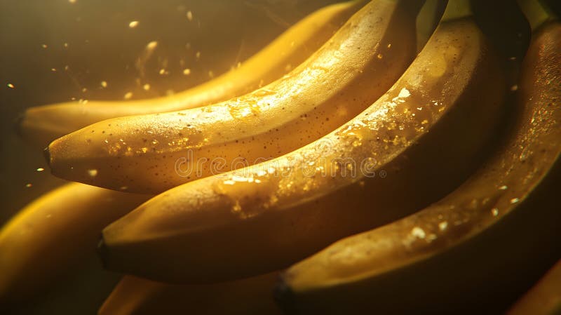 Close-up of Ripe Yellow Bananas with Glowing Light and Speckles Stock ...