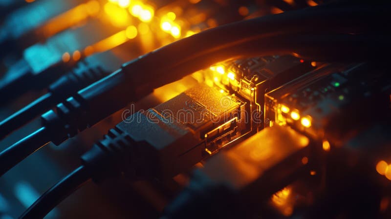Close-up of RJ45 Cables with Glowing LED Lights Stock Illustration ...