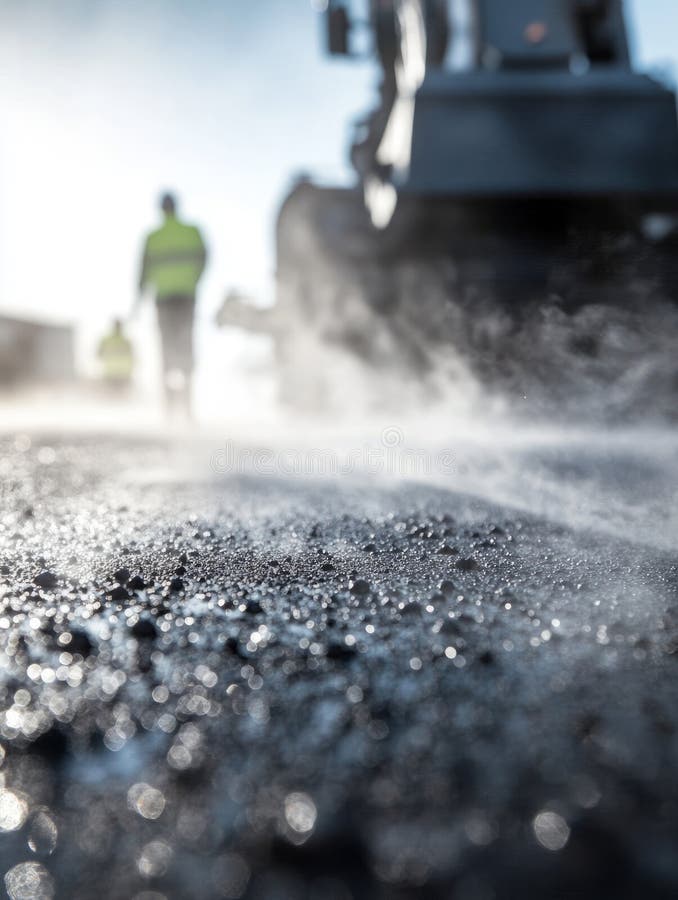 Close-up of Road Construction with Steam and Workers in Background ...