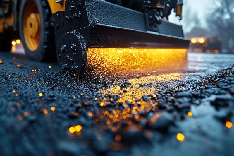 Close-up of a Road Paver Smoothing Asphalt with Hot Asphalt Glowing in ...