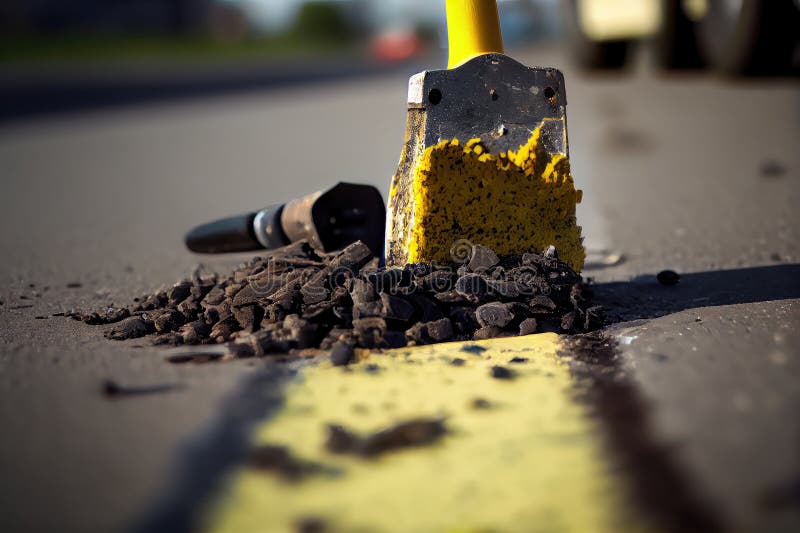 Close-up of Road Surface Repair, with the Tools and Materials Used ...