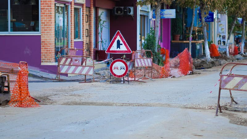 Close-up of Roadwork Safety Signs Placed Along a Rural Construction ...
