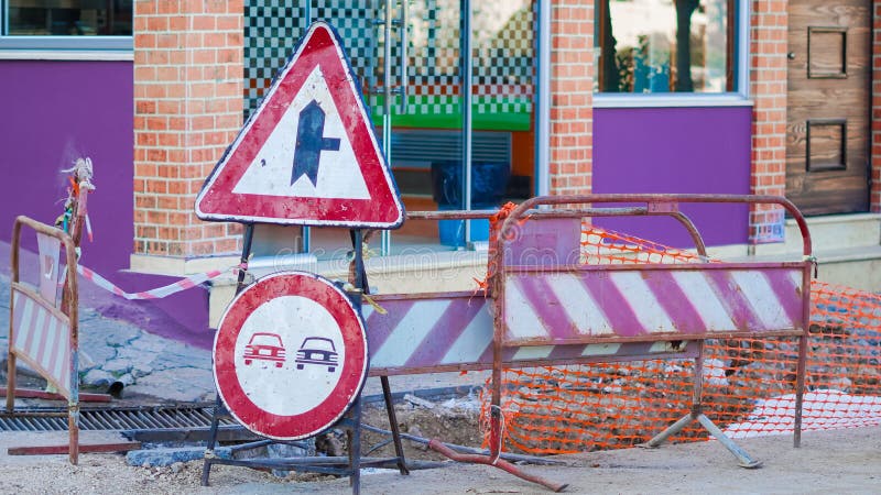 Close-up of Roadwork Safety Signs Placed Along a Rural Construction ...