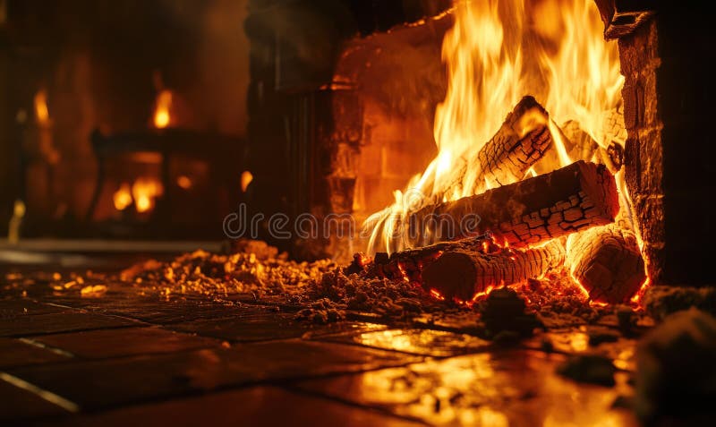 Close-up of a Roaring Fire in a Classic Fireplace, Flickering Flames ...