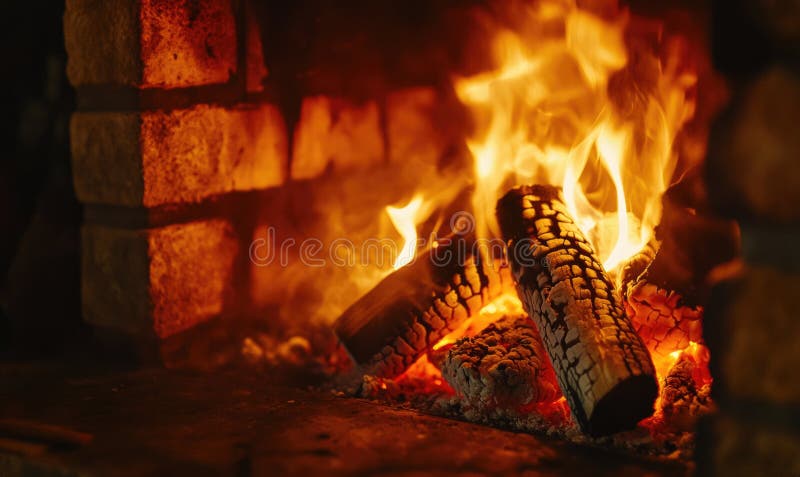 Close-up of a Roaring Fire in a Classic Fireplace, Flickering Flames ...