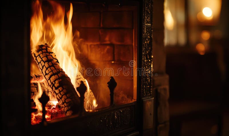 Close-up of a Roaring Fire in a Classic Fireplace, Flickering Flames ...