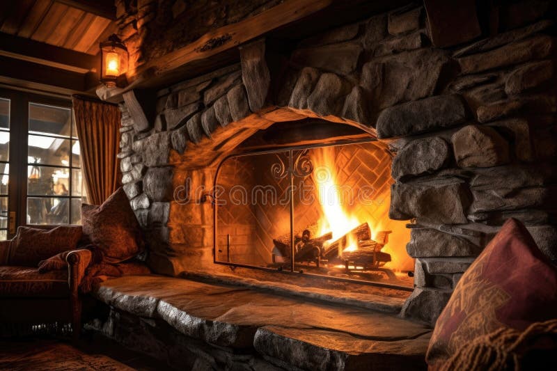 Close-up of a Roaring Fire Inside a Stone Fireplace Stock Illustration ...