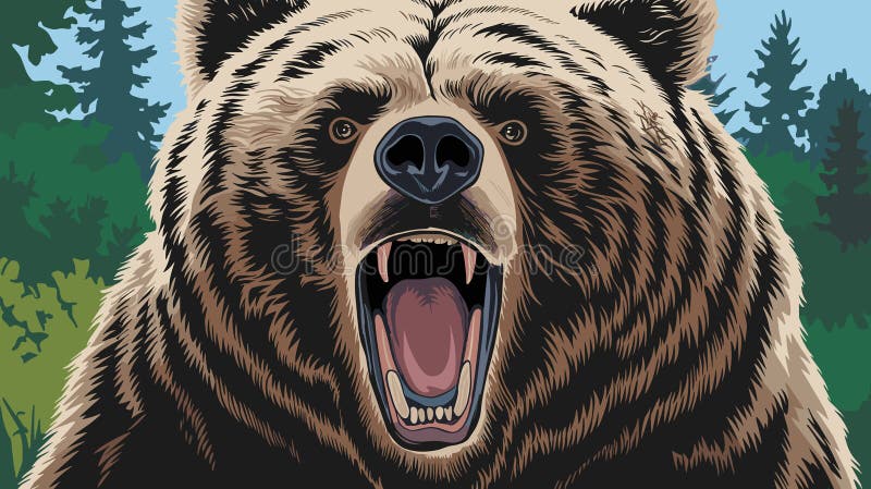Close-up of a Roaring Grizzly Bear with Bared Teeth. Stock Vector ...