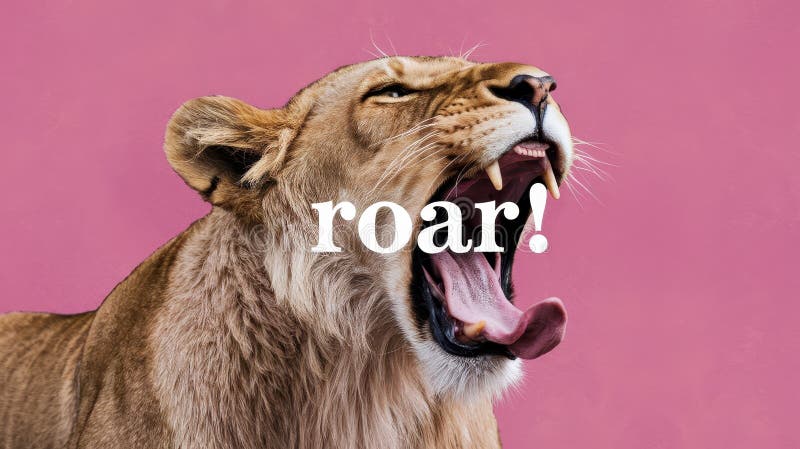 Close-Up of Roaring Lion with ROAR! Text on Pink Background Stock ...