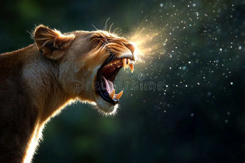 Close Up of Roaring Lioness with Sharp Teeth Bared, Showcasing Her ...