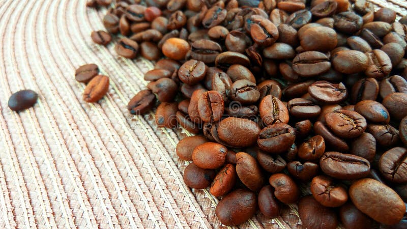 Roasted Brown Coffee Beans on Light Textile Cloth Background Stock ...