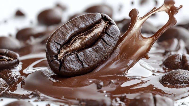 Close-Up of Roasted Coffee Bean with Splashing Melted Chocolate, on ...