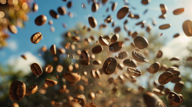 Close-up of Roasted Coffee Beans Falling through the Air Stock Image ...