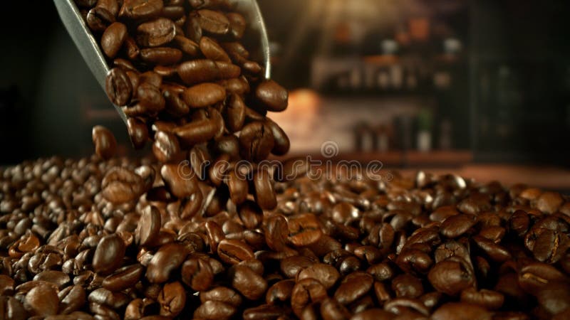 Close-up of Roasted Coffee Beans Falling from a Steel Spoon Stock Photo ...