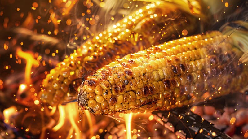 Close-up of Roasted Corn on the Cob, Sizzling Over an Open Fire, with ...