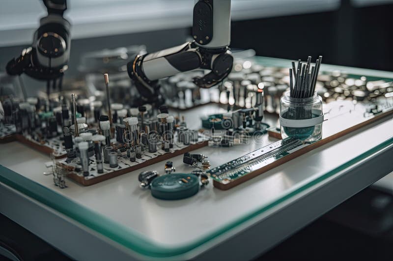 Close-up of Robot Arm, with Various Tools and Parts on the Tray Stock ...