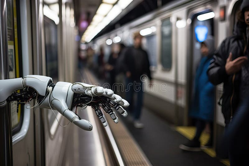 Close-up of a Robot Hand in the Subway on the Background of a Tunnel ...