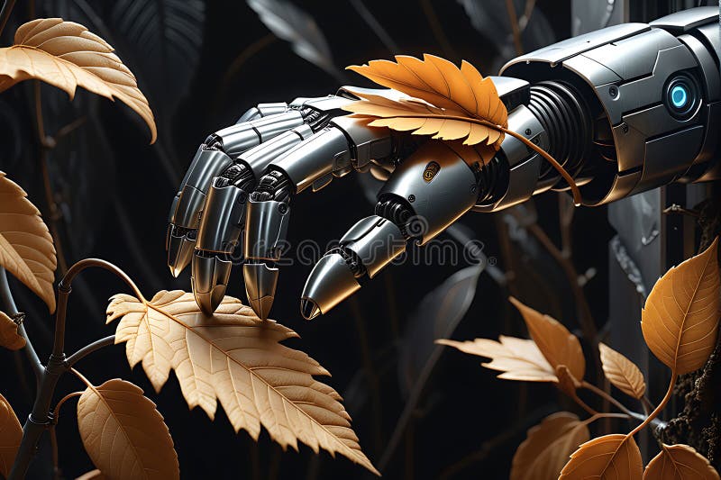 Close-Up of a Robot Hand Tenderly Cradling a Withered Leaf, Texture ...