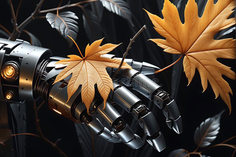 Close-Up of a Robot Hand Tenderly Cradling a Withered Leaf, Texture ...