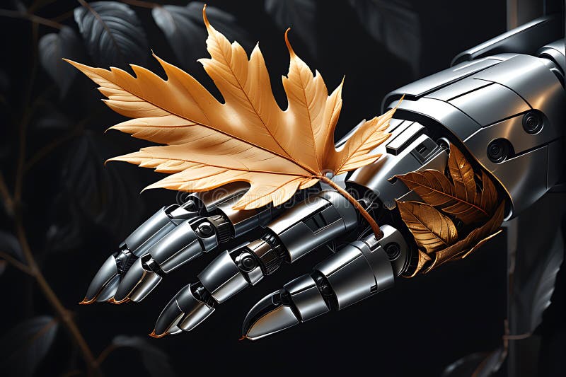 Close-Up of a Robot Hand Tenderly Cradling a Withered Leaf, Texture ...