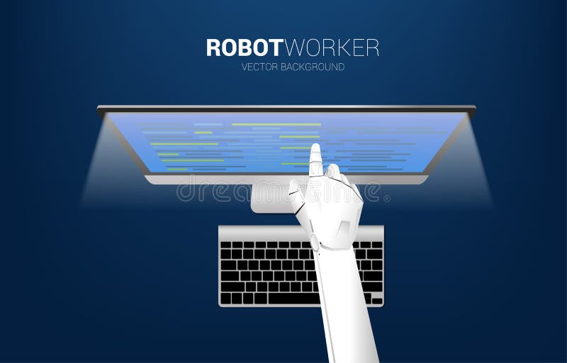 Close Up Robot Hand Touch Computer Notebook. Stock Vector ...