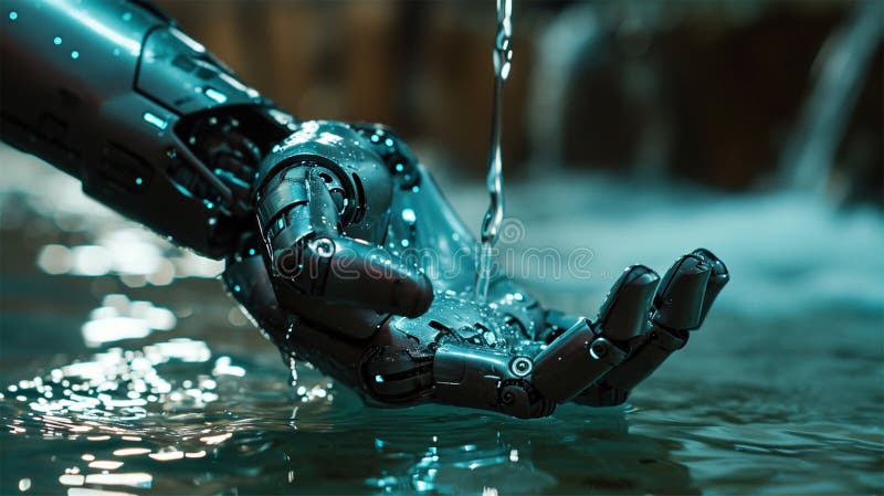 Close-up of a Robot Hand Touching a Stream of Water Falling into a ...