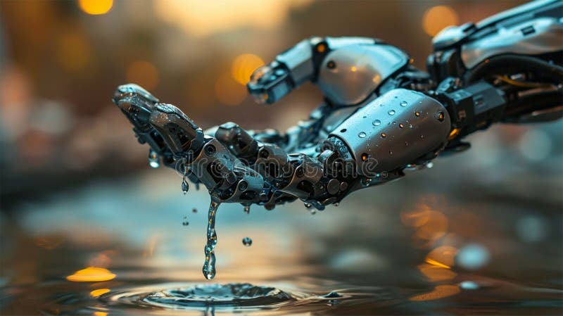 Close-up of a Robot Hand Touching a Stream of Water Falling into a ...