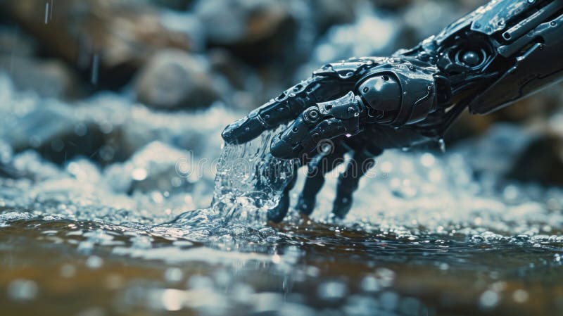 Close-up of a Robot Hand Touching a Stream of Water into a River Stock ...