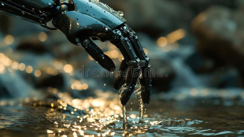 Close-up of a Robot Hand Touching a Stream of Water into a River Stock ...