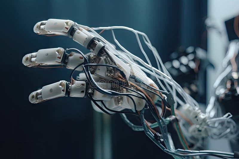 Close-up of Robot Hand, with Wires and Cables Visible, Performing ...