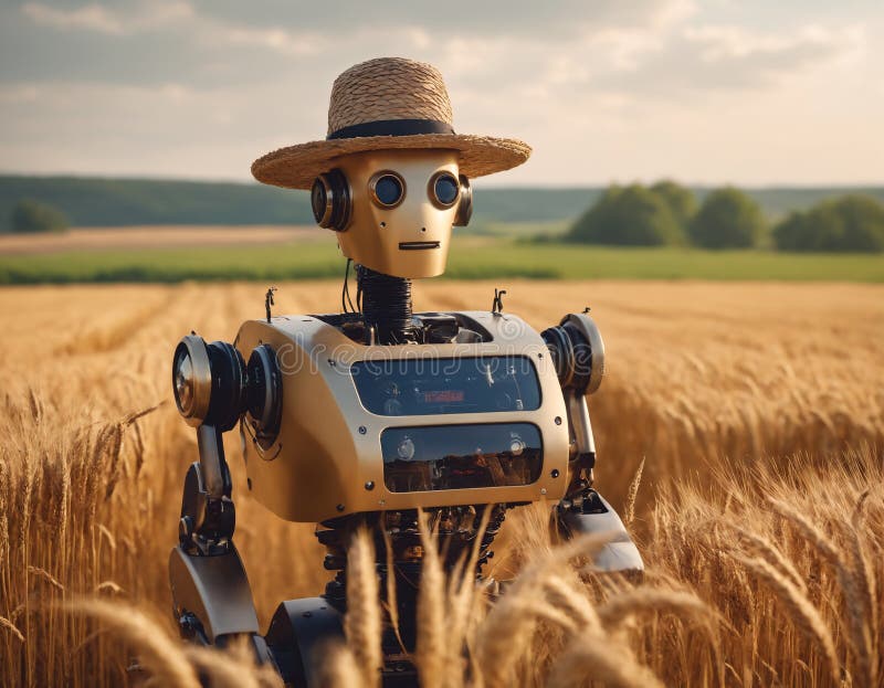 Close-up of a Robot with a Hat on a Wheat Field Stock Illustration ...