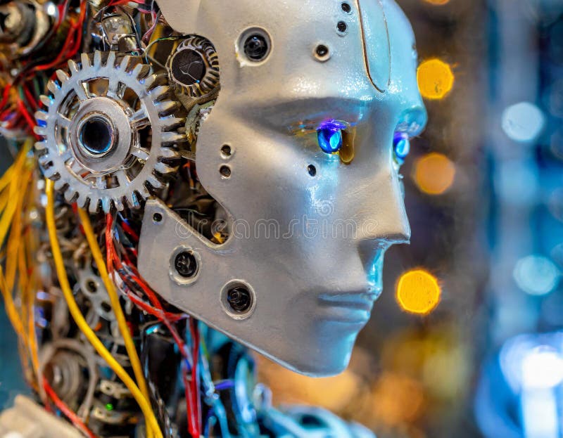 A Close Up of a Robot Head with Gears and Wires Stock Illustration ...