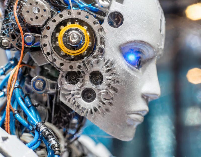 A Close Up of a Robot Head with Gears and Wires Stock Illustration ...