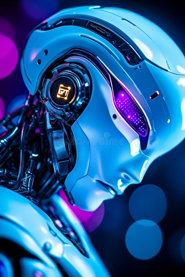 A Close Up of a Robot Head with Glowing Eyes Stock Photo - Image of ...
