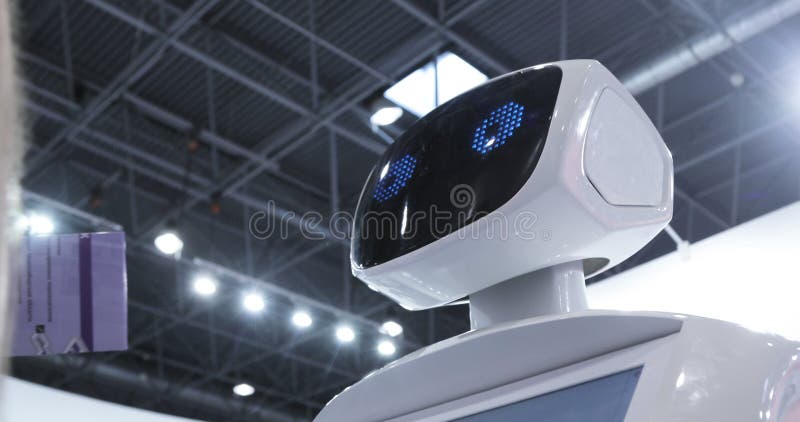 Close Up of Robot Head. Robot Emotions. the Robot Looks at the Camera ...