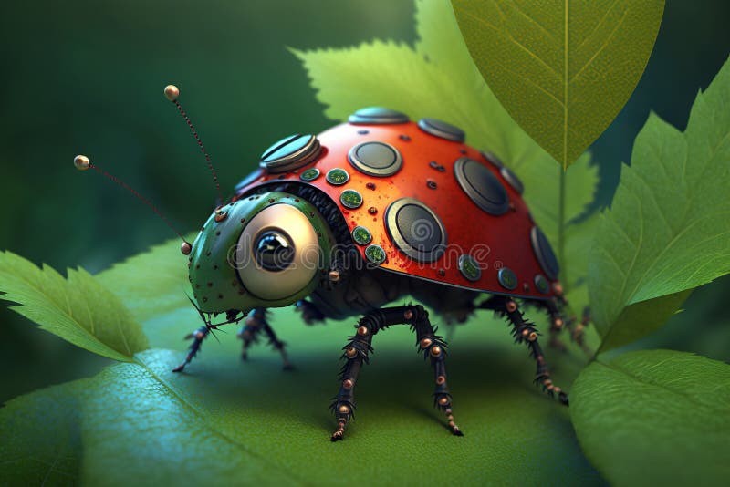 Close Up of a Robot Ladybug Sitting on Leaves in the Outdoor ...