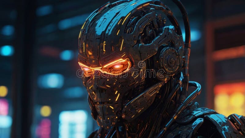 Closeup of a Robots Face with Glowing Eyes Stock Illustration ...
