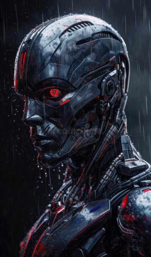 A Close Up of a Robot Wet in the Rain Generative AI Stock Illustration ...